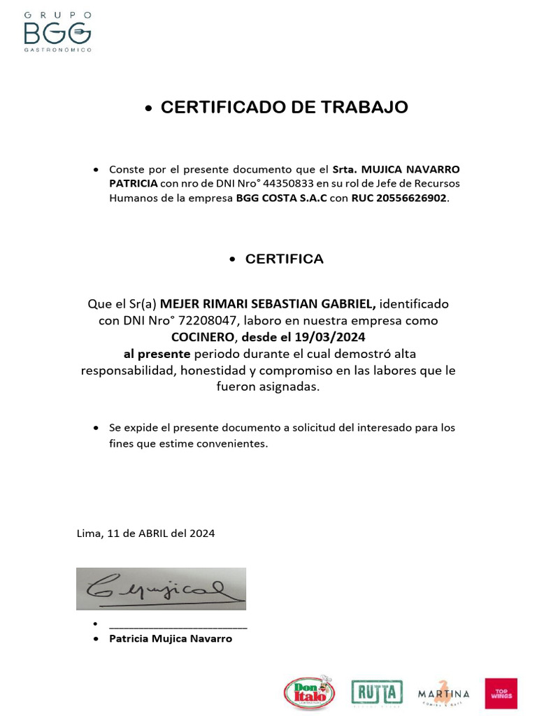 Certificado de Trabajo MEJER RIMARI SEBASTIAN GABRIEL - COCINERO ... Certificado de Trabajo MEJER RIMARI SEBASTIAN GABRIEL - COCINERO ...