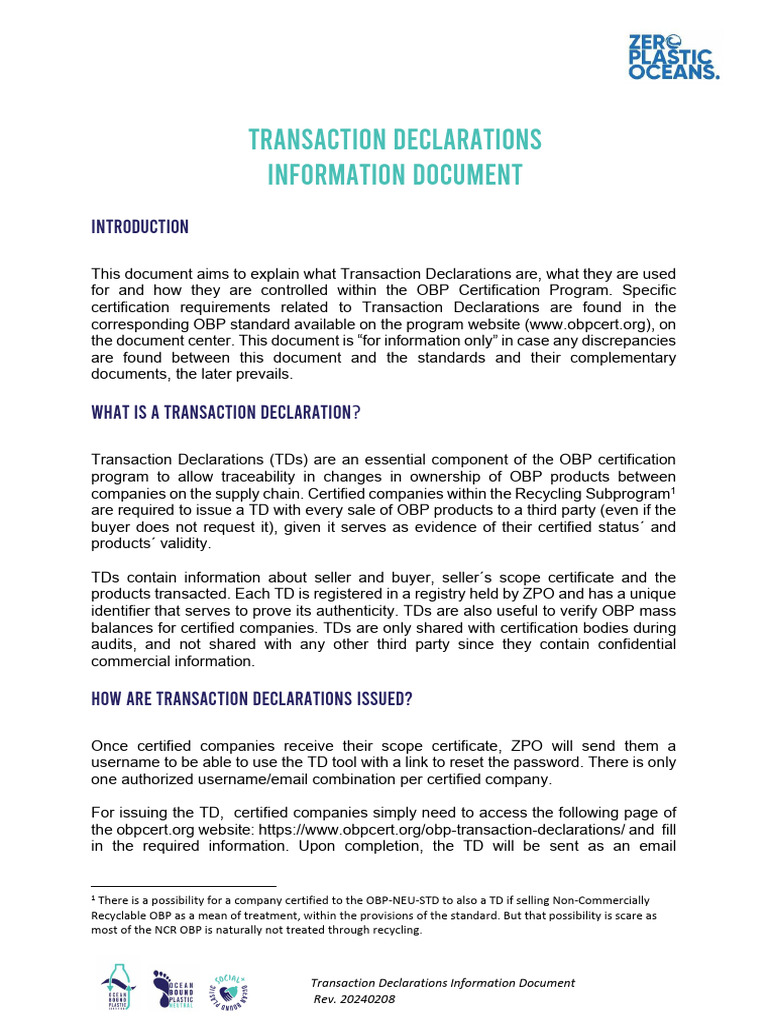 OBP Transaction Declarations Information Document Rev 20240208 | PDF