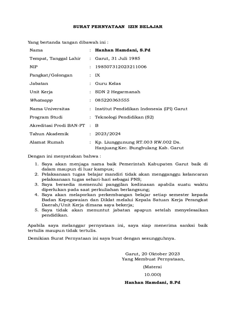 Surat Keterangan Izin Kuliah Hanhan Hamdani | PDF