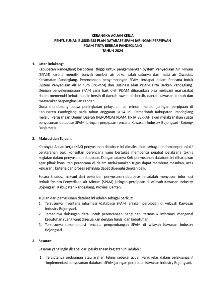 KAK Penyusunan Database SPAM Jaringan Perpipaan PDAM PDG | PDF