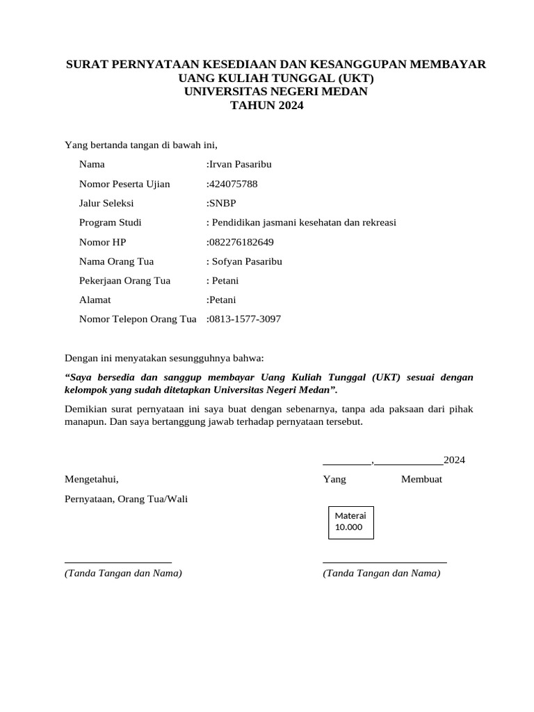 Surat Pernyataan Kesanggupan Membayar Ukt | PDF