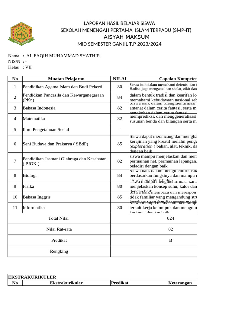 Raport SMP Semester Ganjil 2023-2024 | PDF