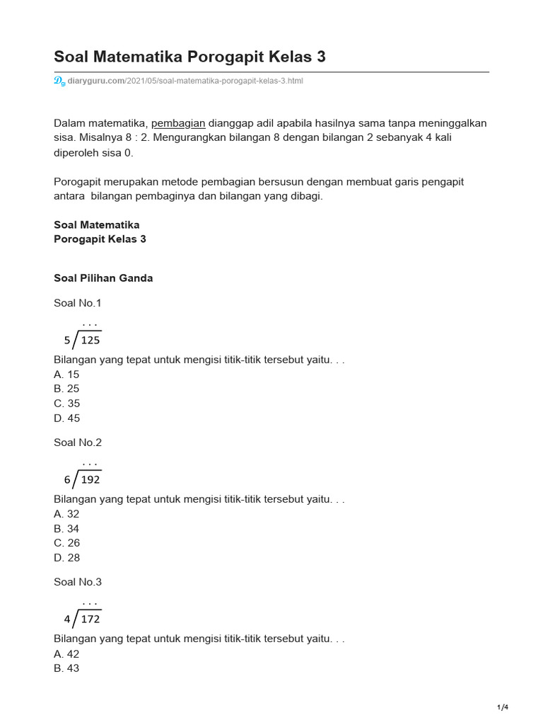 Soal Matematika Porogapit Kelas 3 | PDF