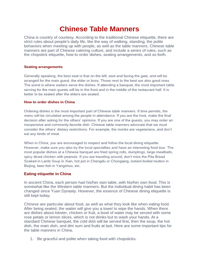 Chinese Etiqutte -Table Manners | PDF
