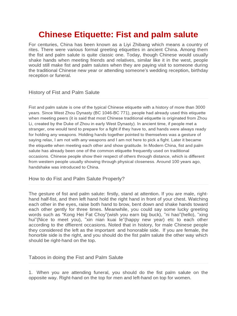 Chinese Etiquette-Fist and Palm Salute | PDF