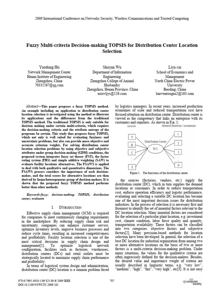2009 Fuzzy Multi-Criteria Decision-Making TOPSIS For Distribution Center Location Selection | PDF