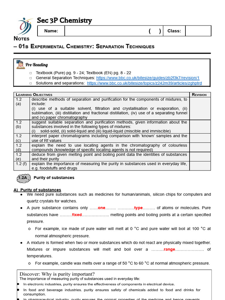 SCH 01b Exp Chem (Separation Techniques) - Notes - P - (Filled) | PDF