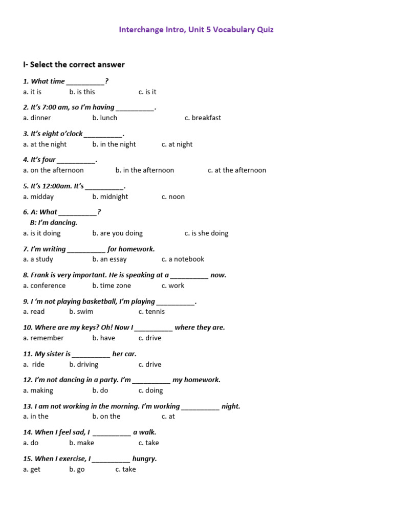 Interchange Intro Unit 5 Vocabulary Quiz | PDF