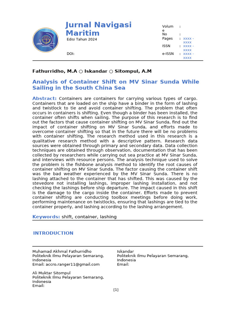 Analysis of Container Shift On MV Sinar Sunda While Sailing in The ...