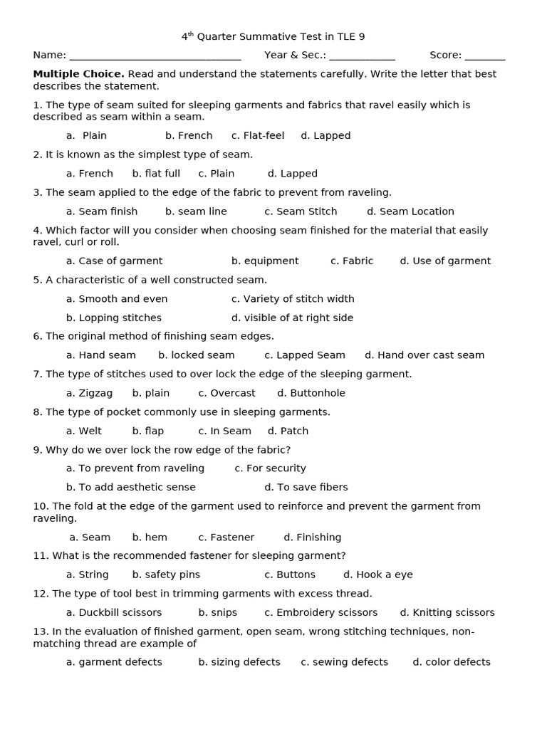 4th Quarter Summative Test in TLE 9 | PDF | Seam (Sewing) | Lifestyle