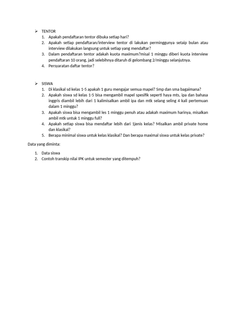 Pertanyaan Interview Bimbel Iddea Learning | PDF