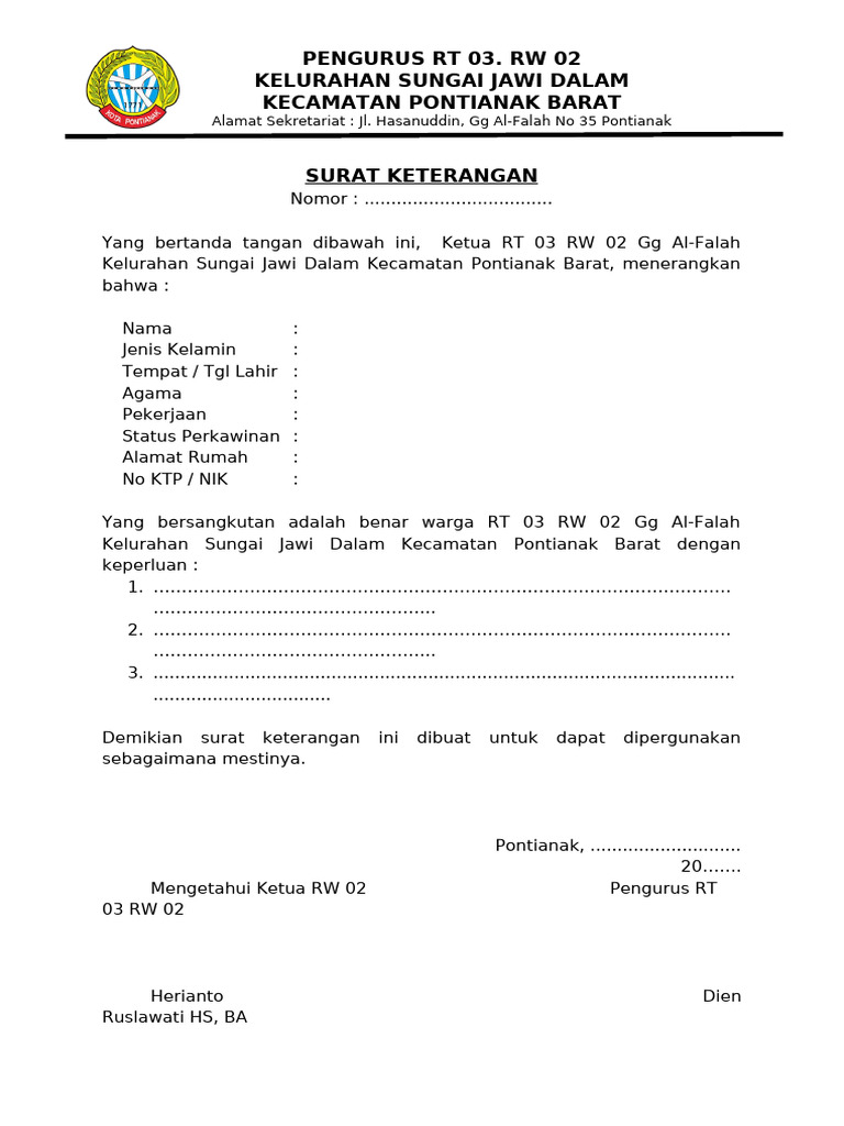 Form Surat Keterangan RT | PDF