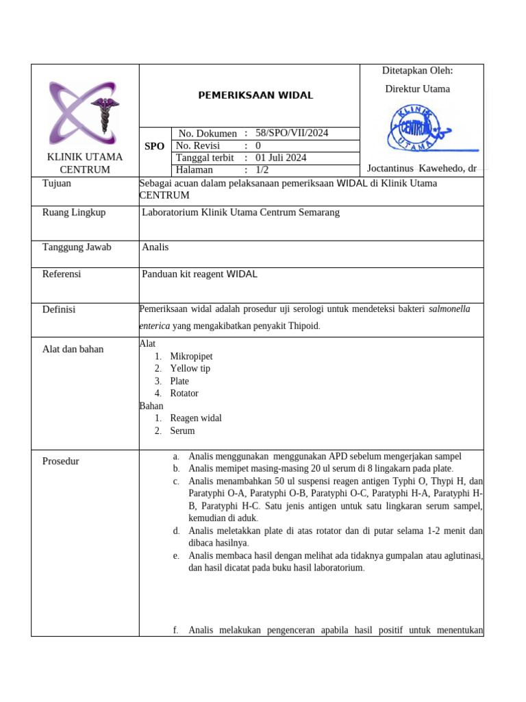 SOP Pemeriksaan Widal | PDF