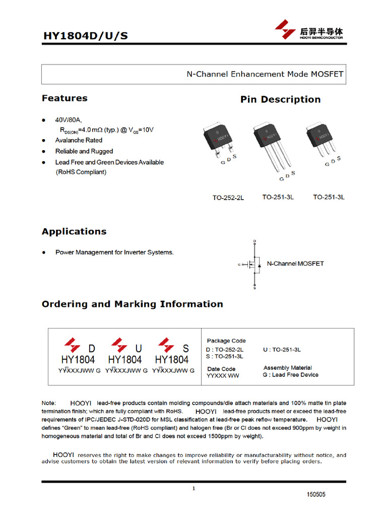 Hy1804 Hooyi | PDF | Diode | Field Effect Transistor