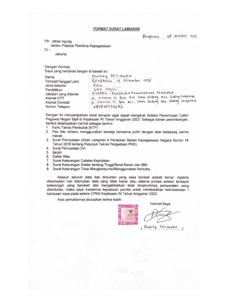 Surat Lamaran E-Materai | PDF