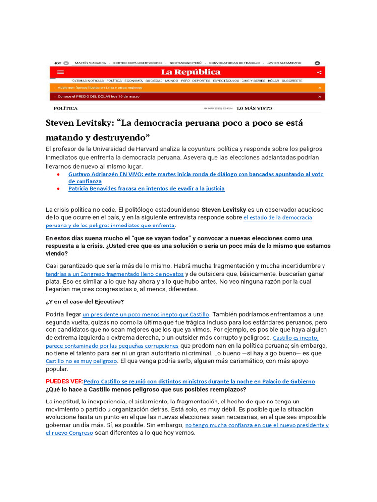 Steven Levitsky “La democracia peruana poco a poco se está m | PDF