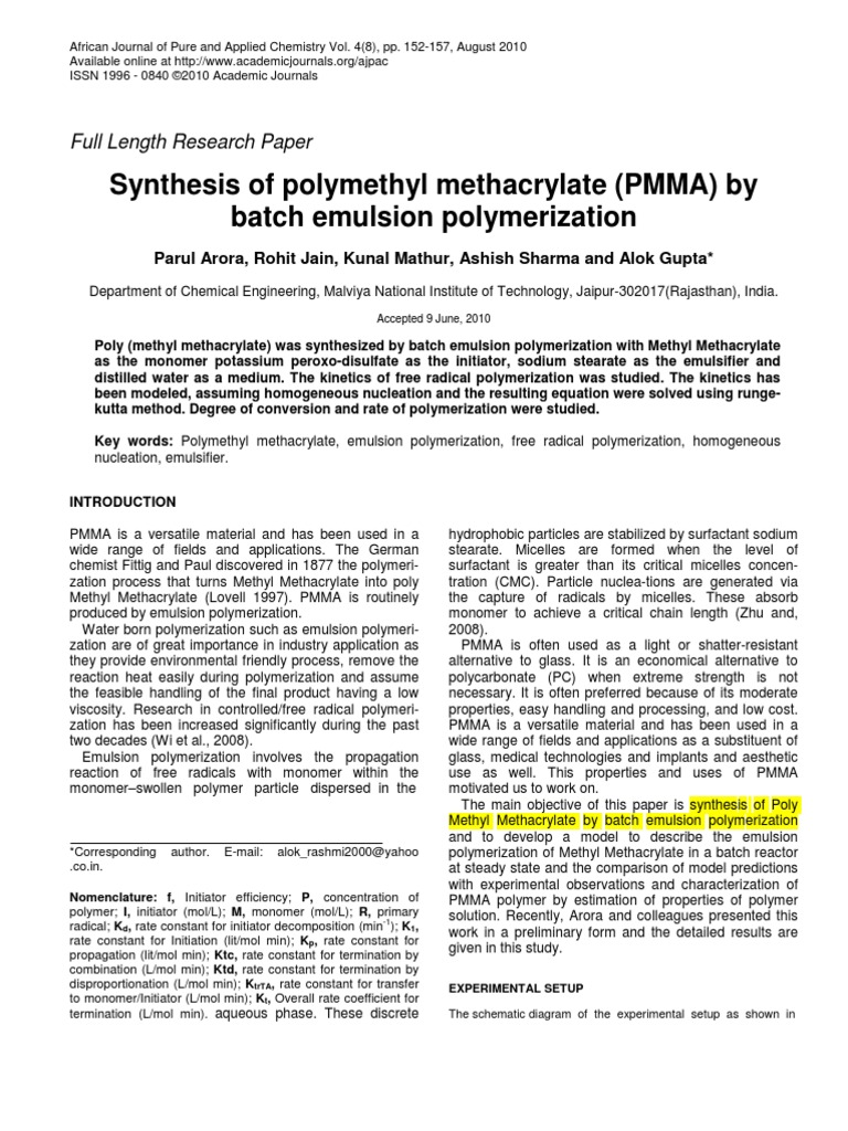 PMMA Synthesis | PDF | Polymerization | Poly(Methyl Methacrylate)