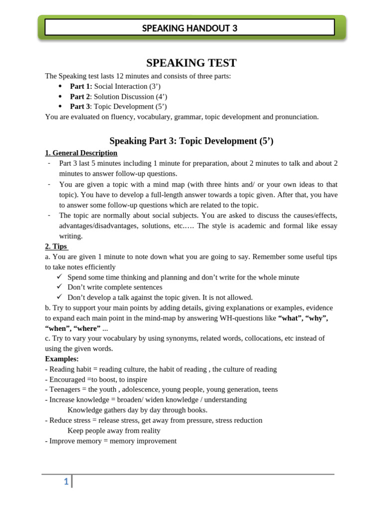 Speaking Handout 3. Speaking Test - Part 3 | PDF