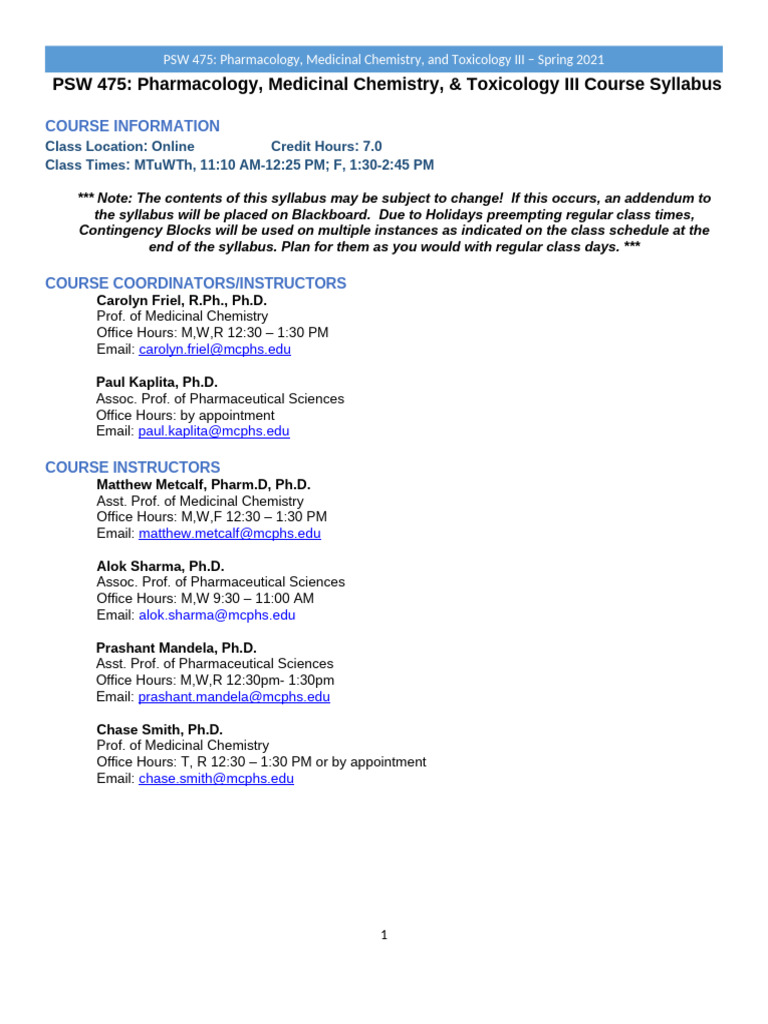 2021 - PSW475 Syllabus - V1 | PDF | Pharmacology | Self-Improvement