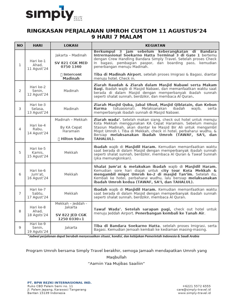 Ringkasan Program Umroh Custom - MRS Widya - 11 Agust 24 by SV | PDF