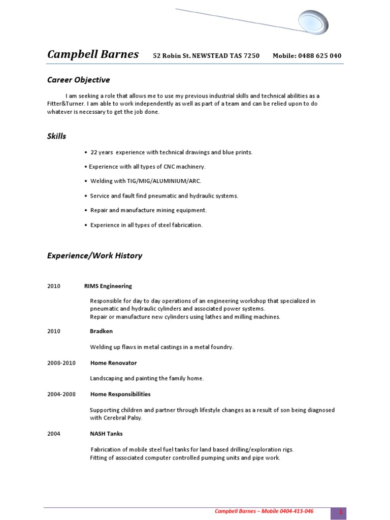 Campbell Barnes: Career Objective | PDF | Machinist | Metal Fabrication