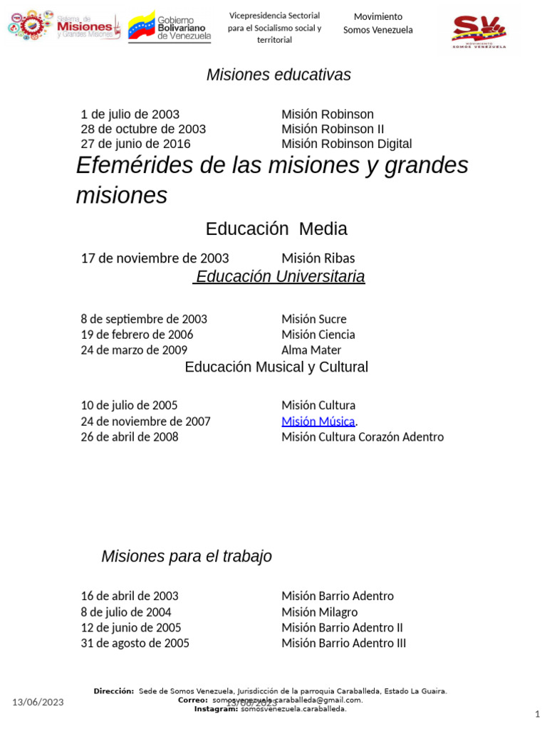 Efemérides de las misiones y grandes misiones | PDF