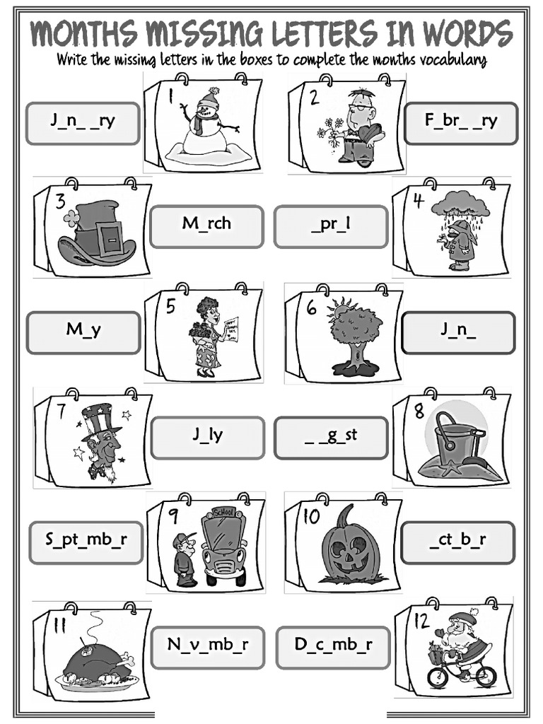 Months Vocabulary Esl Missing Letters in Words Worksheet For Kids | PDF
