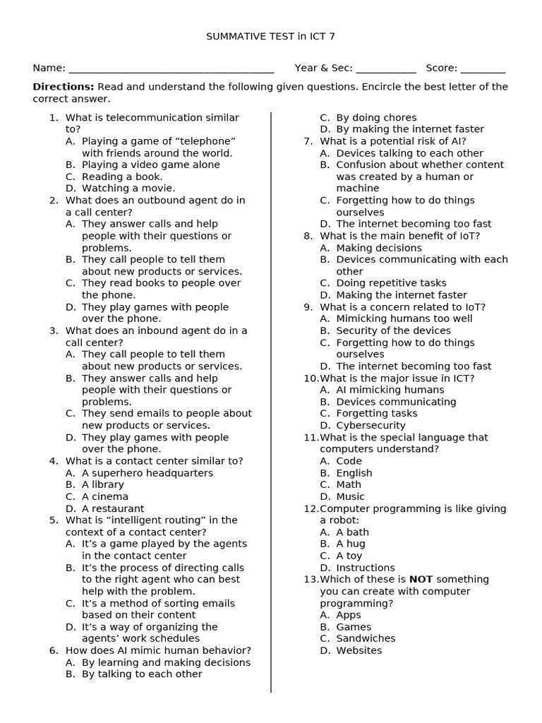 Summative Test In Ict 7 Pdf
