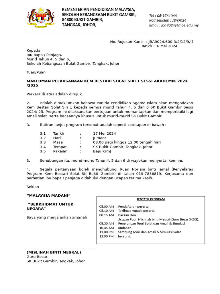 Surat Kem Bestari Solat Dan Kebenaran Parents - SKBG - 2024 | PDF