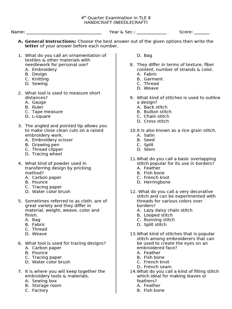 4th Quarter Examination in TLE 8-print | PDF