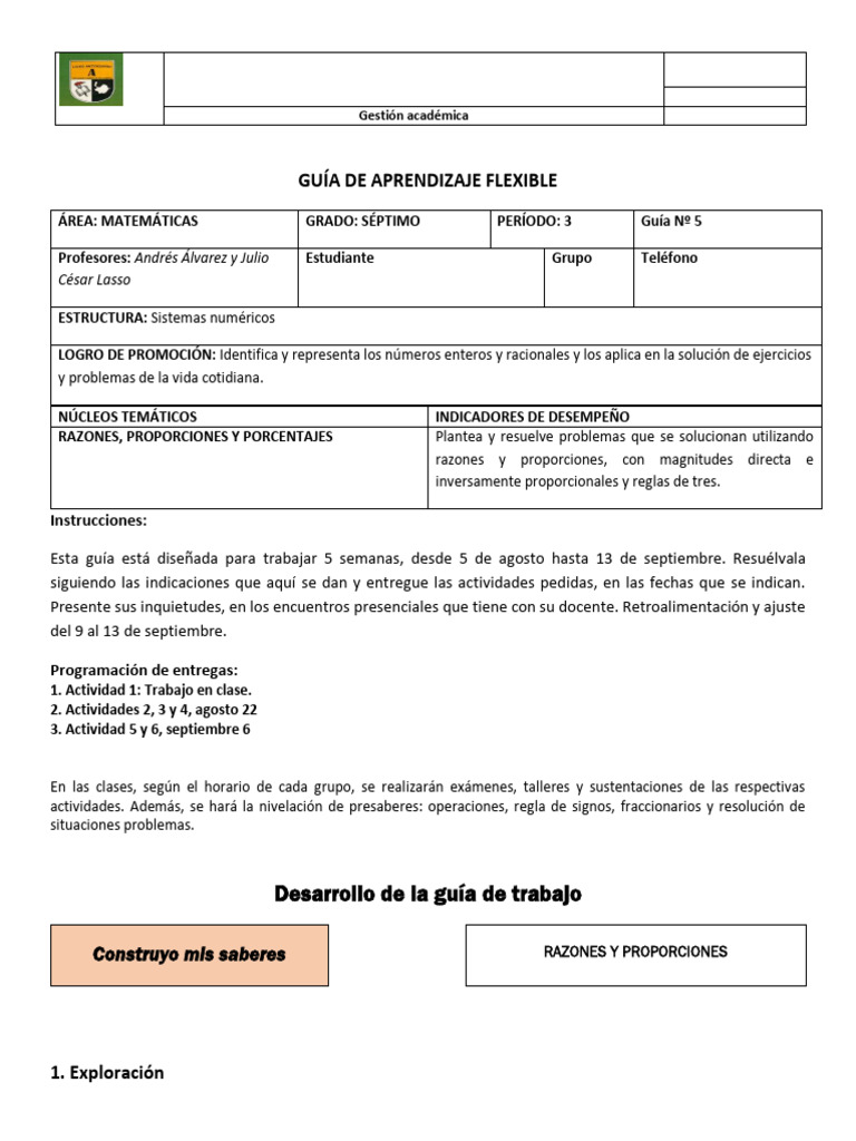 Guía de Aprendizaje Flexible 5 Matematicas 7 2024 | PDF