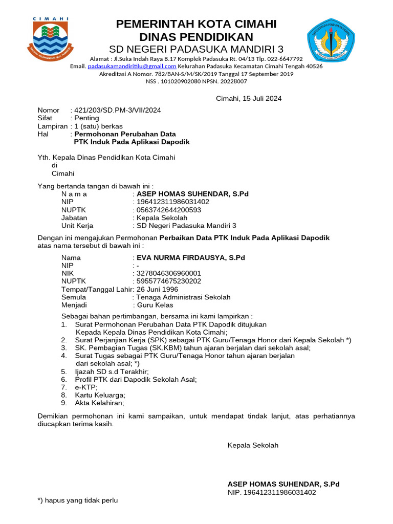 Contoh Surat Ajuan Perubahan Data PTK | PDF