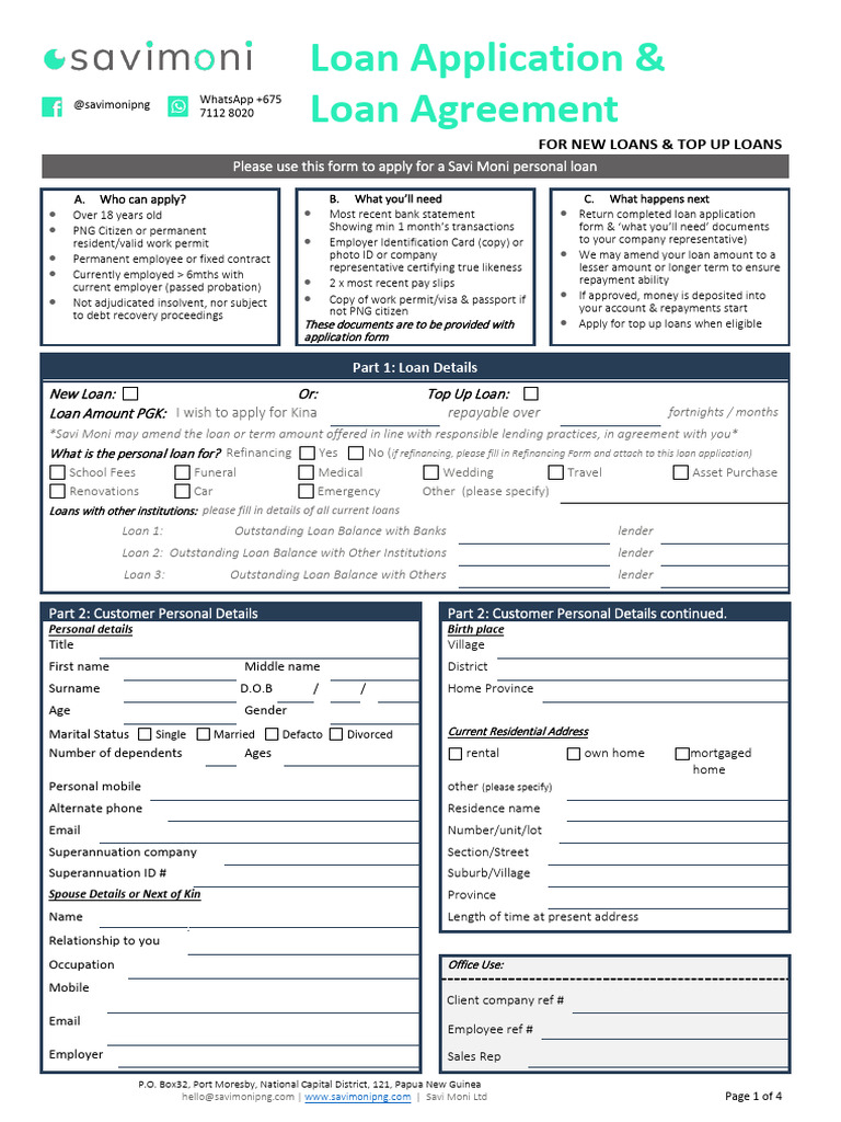 Savi Moni Loan Application & Agreement Form (Jan 2022) | PDF