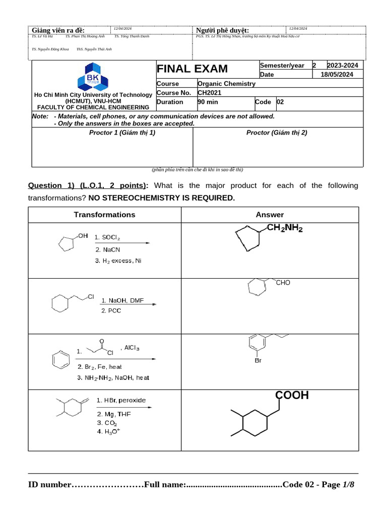 Organic Chemistry Final Test - Semester 232 | PDF