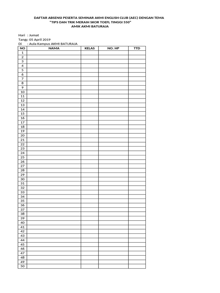 Contoh Absen Peserta Seminar | PDF
