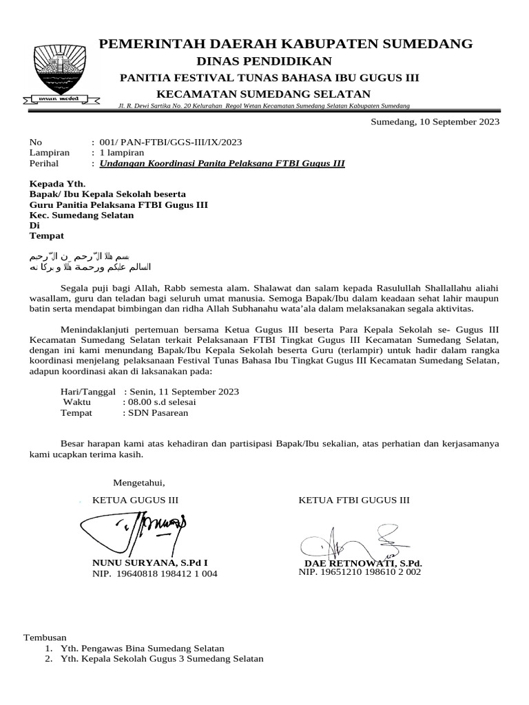 Surat Undangan Koordinasi FTBI Gugus III Sumedang Selatan | PDF