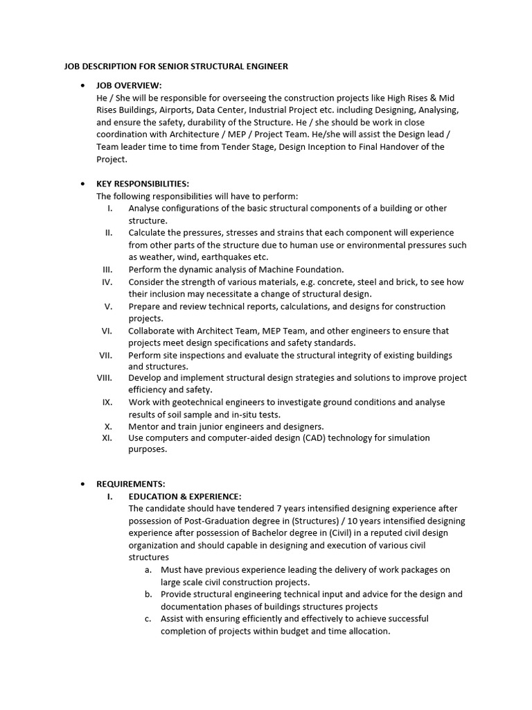 JD For Senior Structural Engineer | PDF | Computer Aided Design ...
