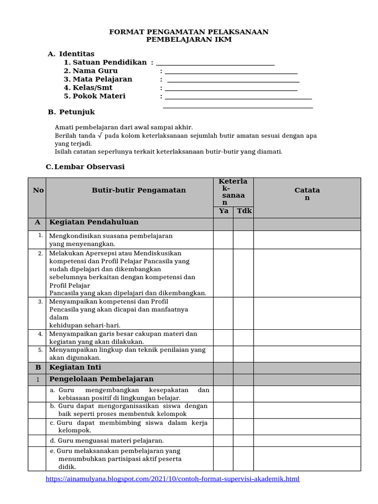 Format Pengamatan Pembelajaran PSP | PDF