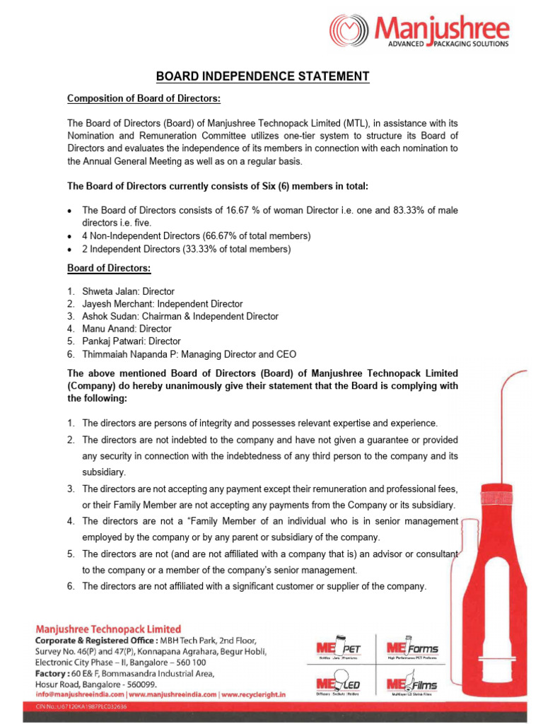 Board Independence Statement | PDF