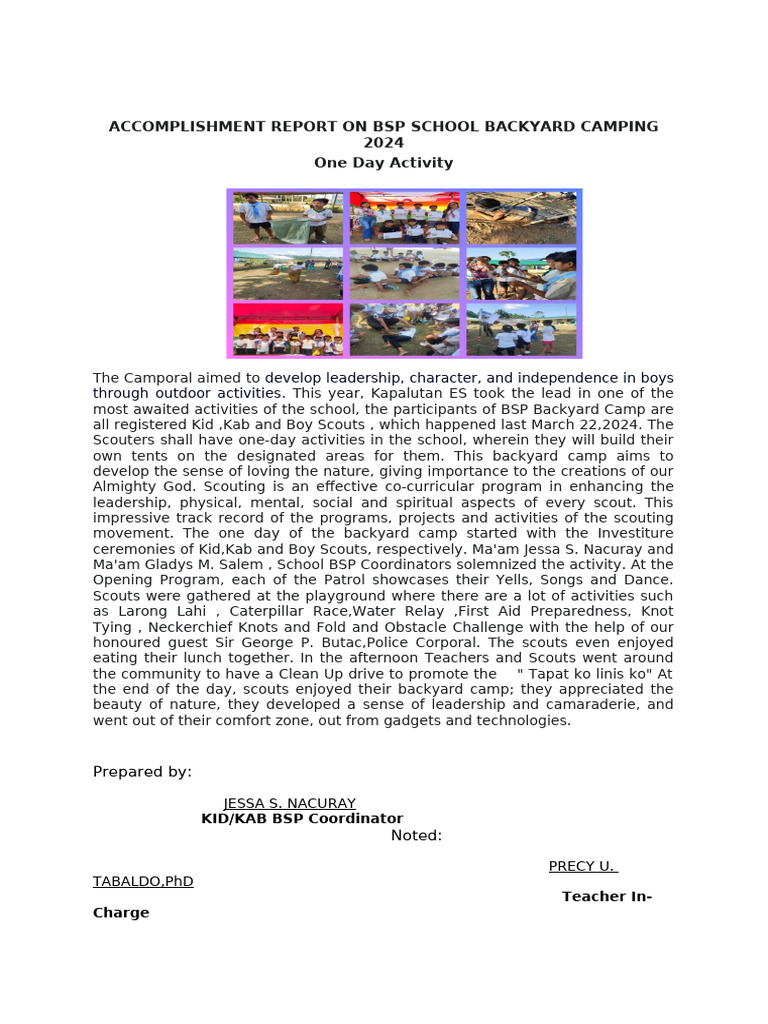 ACCOMPLISHMENT REPORT ON BSP SCHOOL BACKYARD CAMPING 2024 | PDF
