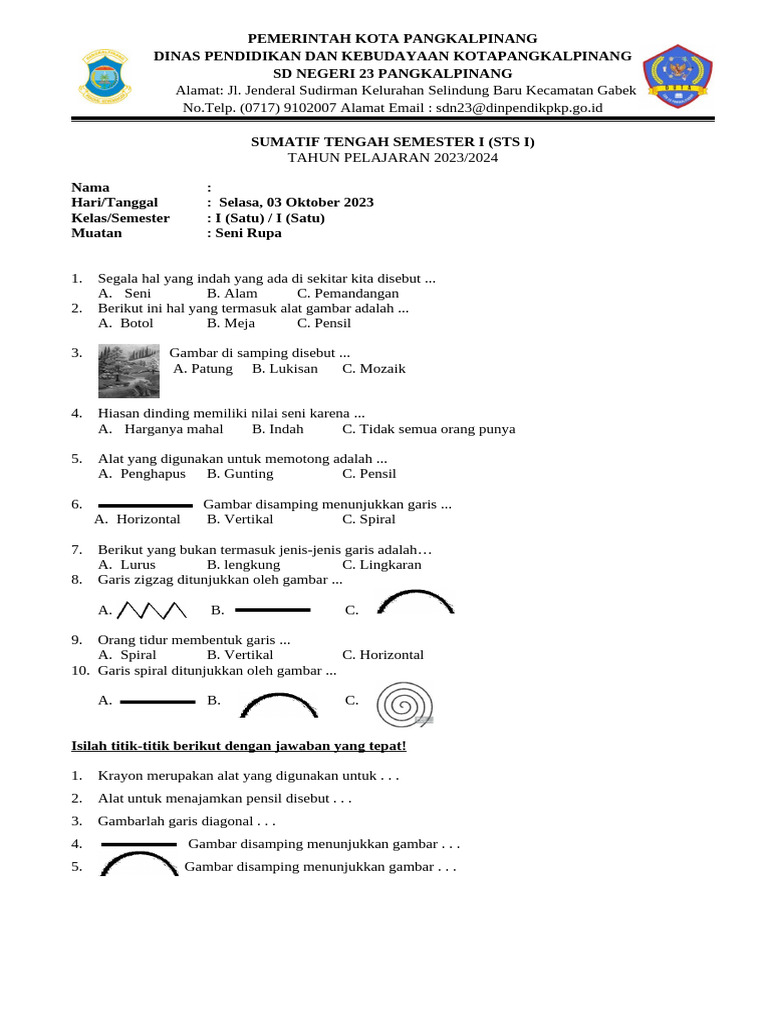 Soal STS 1 Seni Rupa (Kelas 1) | PDF