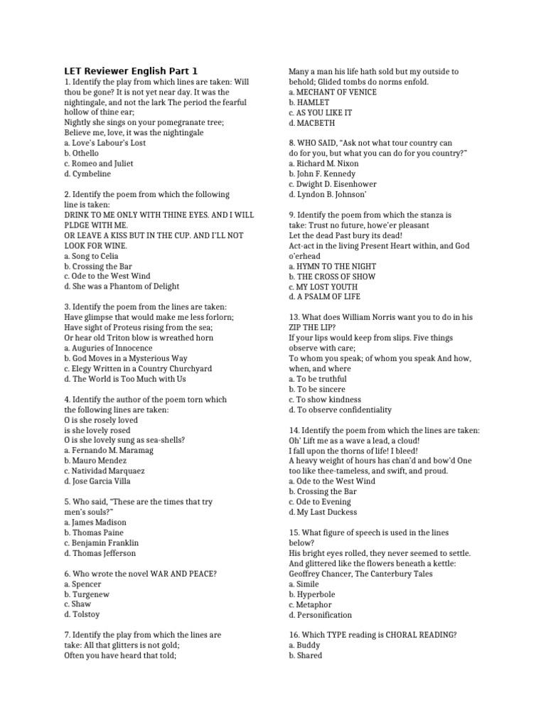 LET Reviewer English Part 1 TO PRINT | PDF