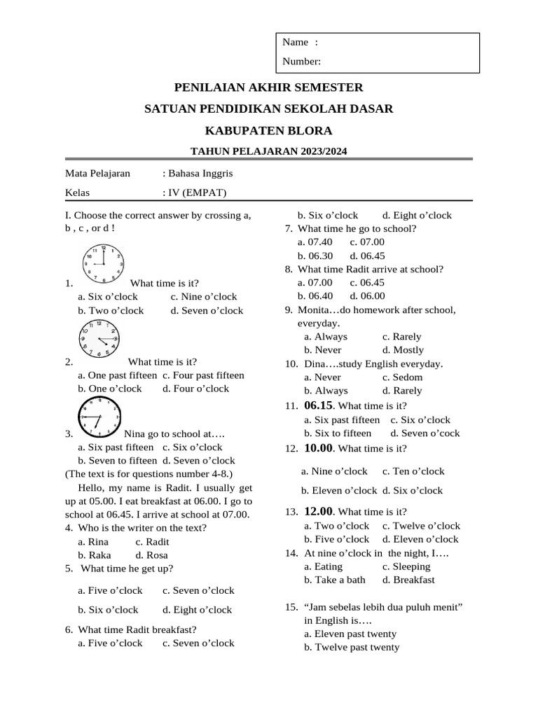 Soal Pas SMT 2 B Inggris KLS 4 | PDF