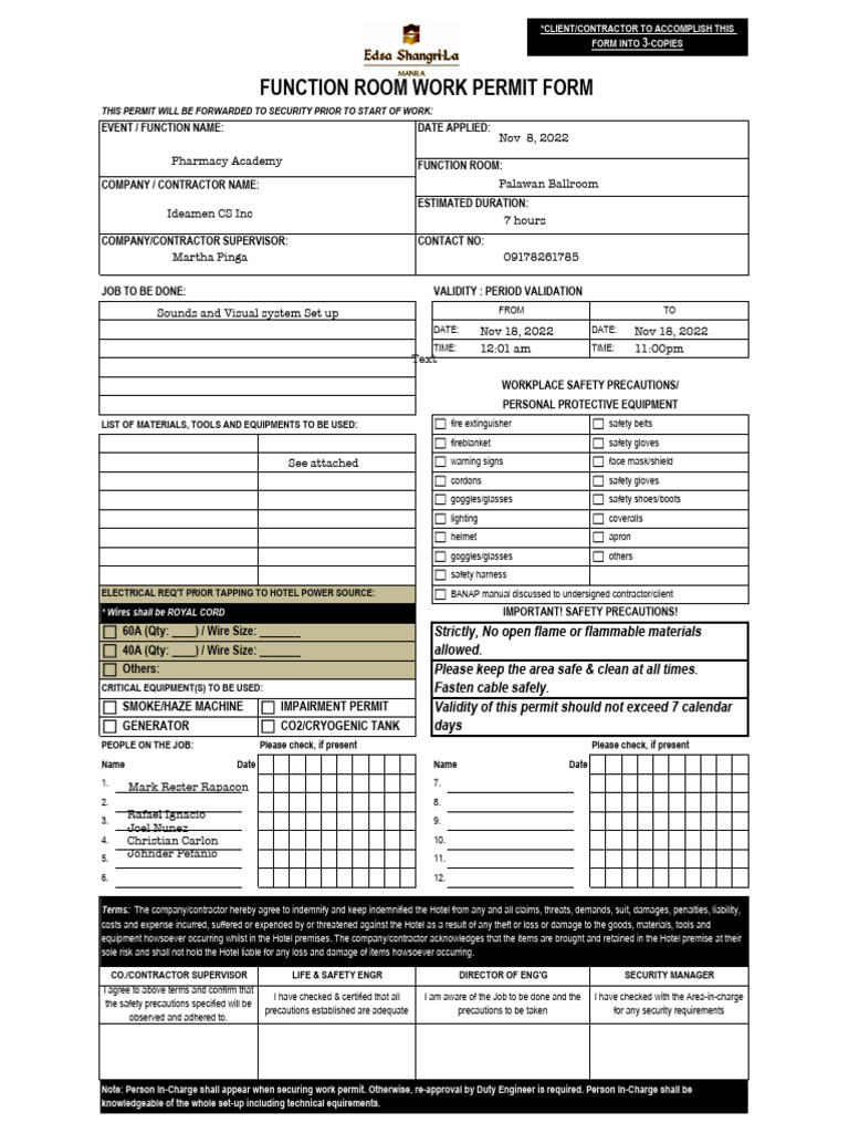 Function Room Work Permit Form: This Permit Will Be Forwarded To ...