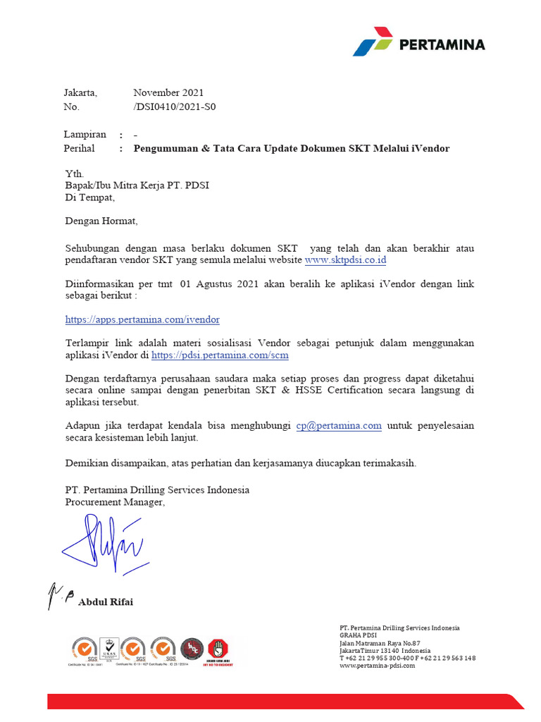 Pengumuman Tata Cara Update Dokumen SKT Melalui Ivendor | PDF