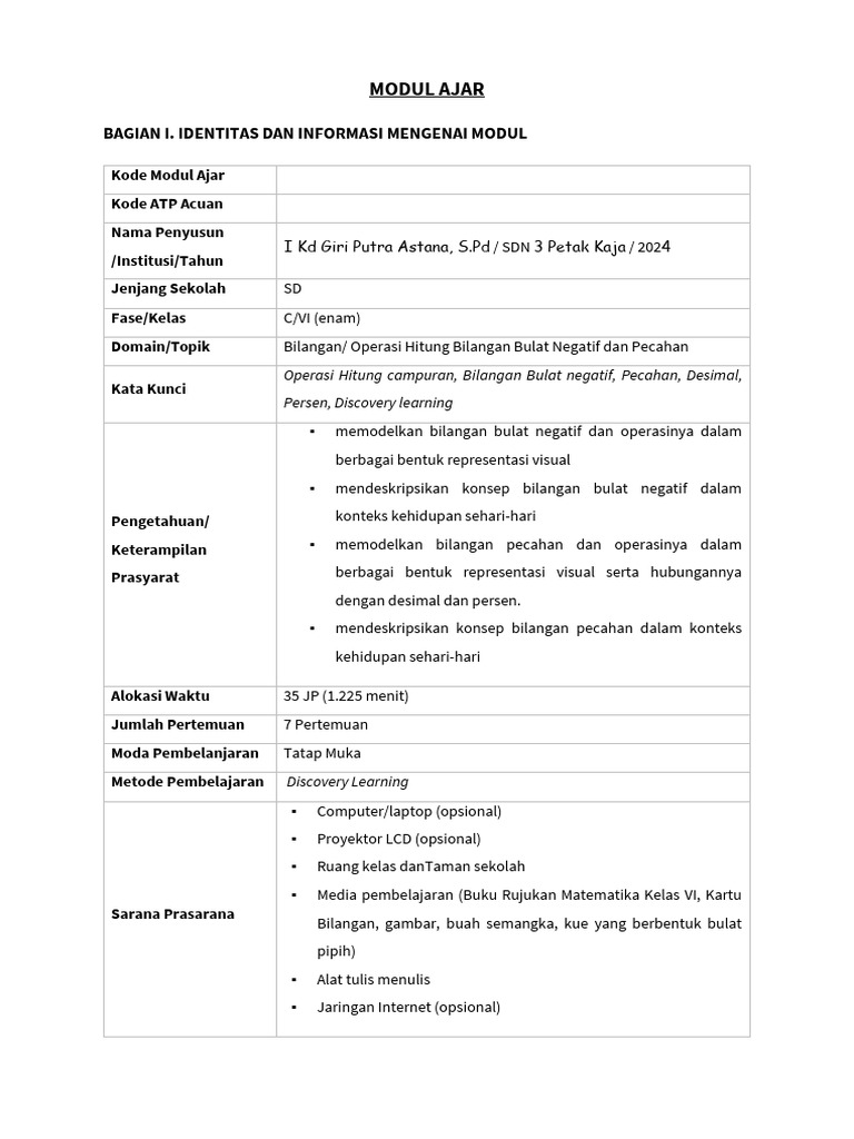 Modul Ajar Matematika - Operasi Hitung Bilangan Bulat, Pecahan, Desimal ...