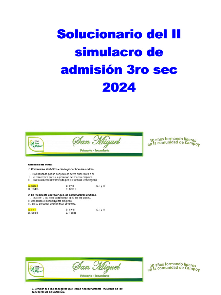 Solucionario Del II Simulacro de Admisión 3ro Sec 2024 | PDF