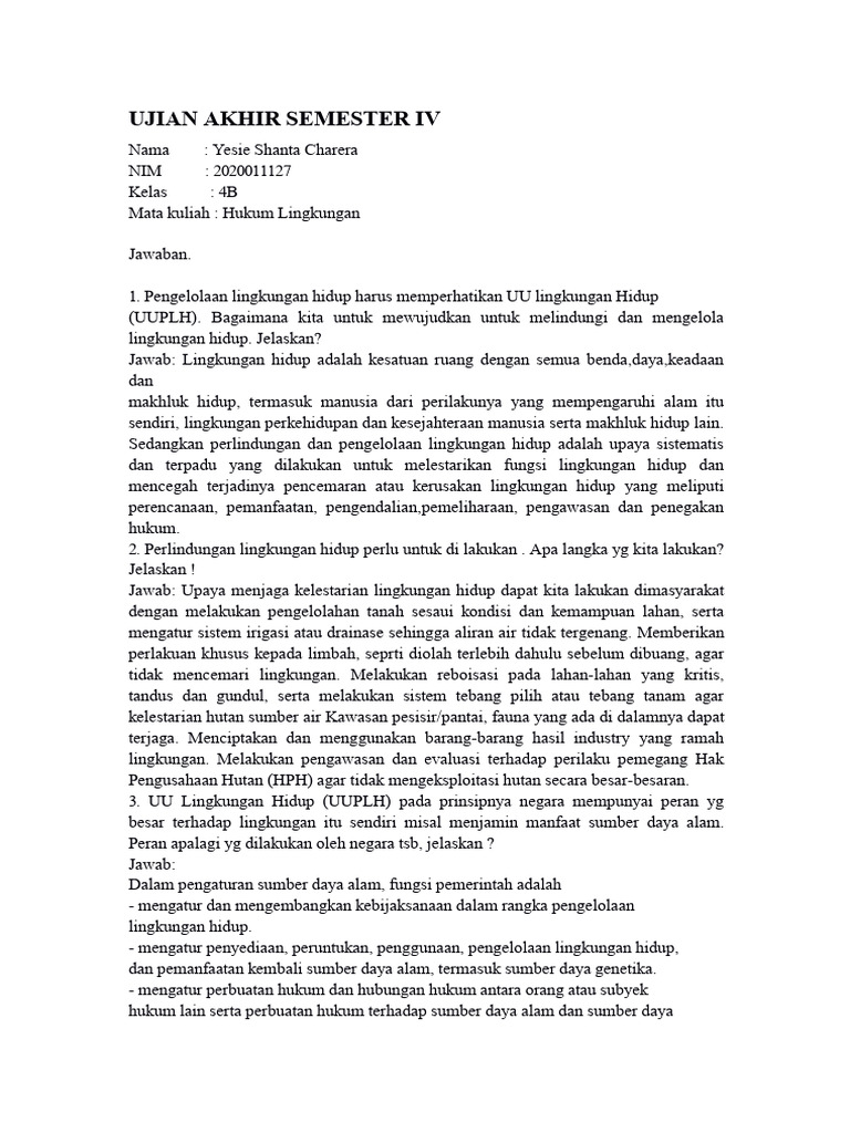 Hukum Lingkungan Yesie Shanta Charera 4b 2020011127 | PDF