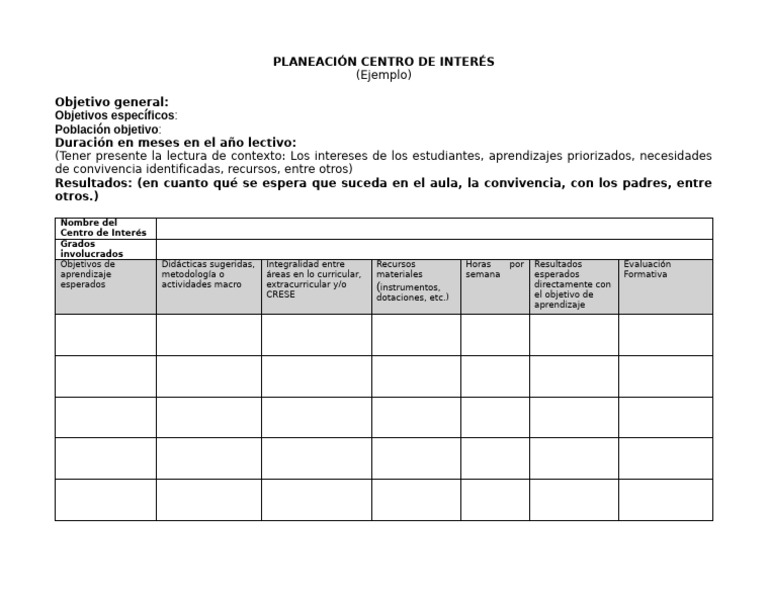Formato PLANEACIÓN CENTRO DE INTERÉS-ejemplo RV | PDF | Crecimiento personal y profesional