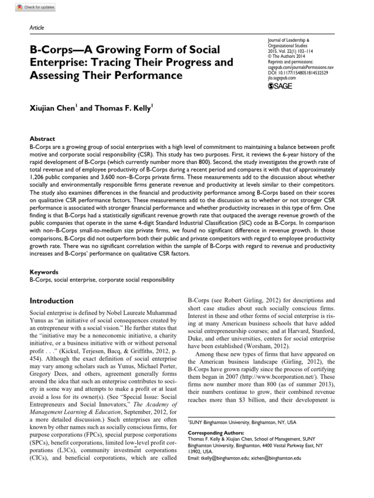 Chen Kelly 2014 B Corps A Growing Form of Social Enterprise Tracing Their Progress and Assessing ...